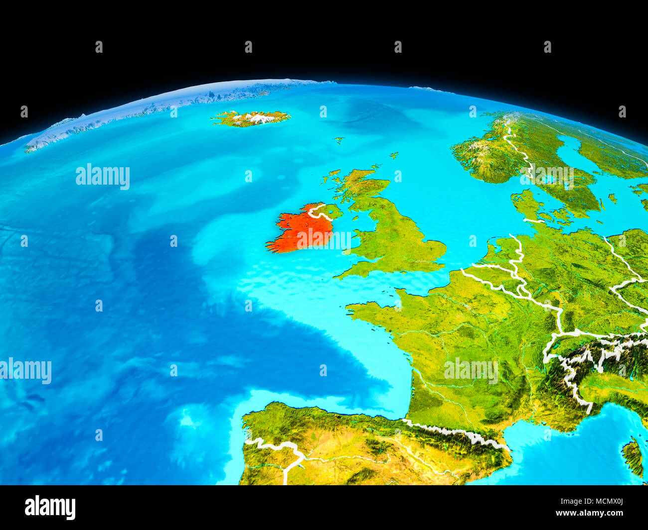 Satellite view of Ireland highlighted in red on planet Earth with ...