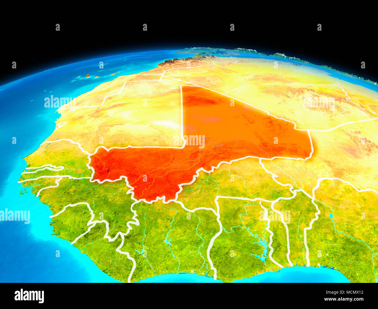 Satellite view of Mali highlighted in red on planet Earth with borderlines. 3D illustration ...