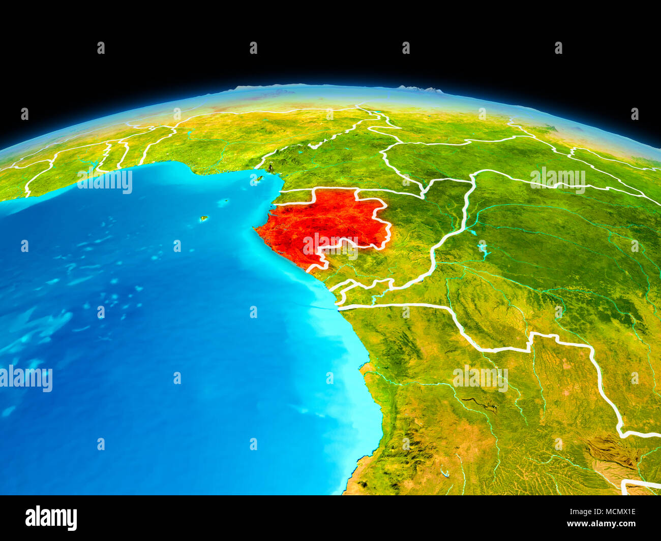 Satellite view of Gabon highlighted in red on planet Earth with borderlines. 3D illustration ...