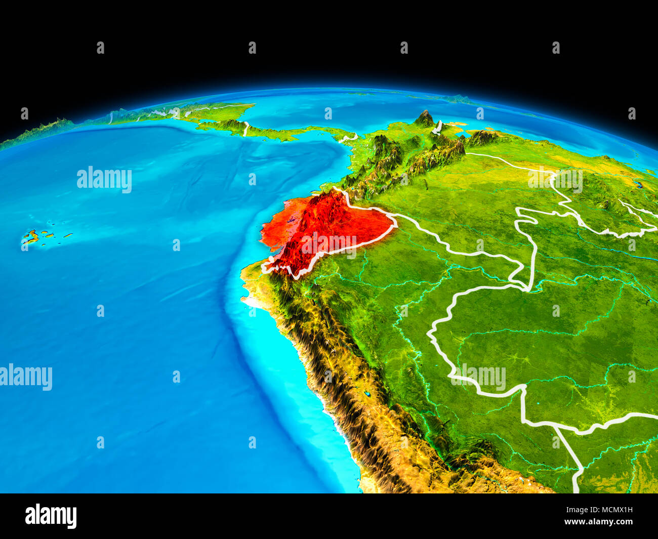 Satellite view of Ecuador highlighted in red on planet Earth with borderlines. 3D illustration ...