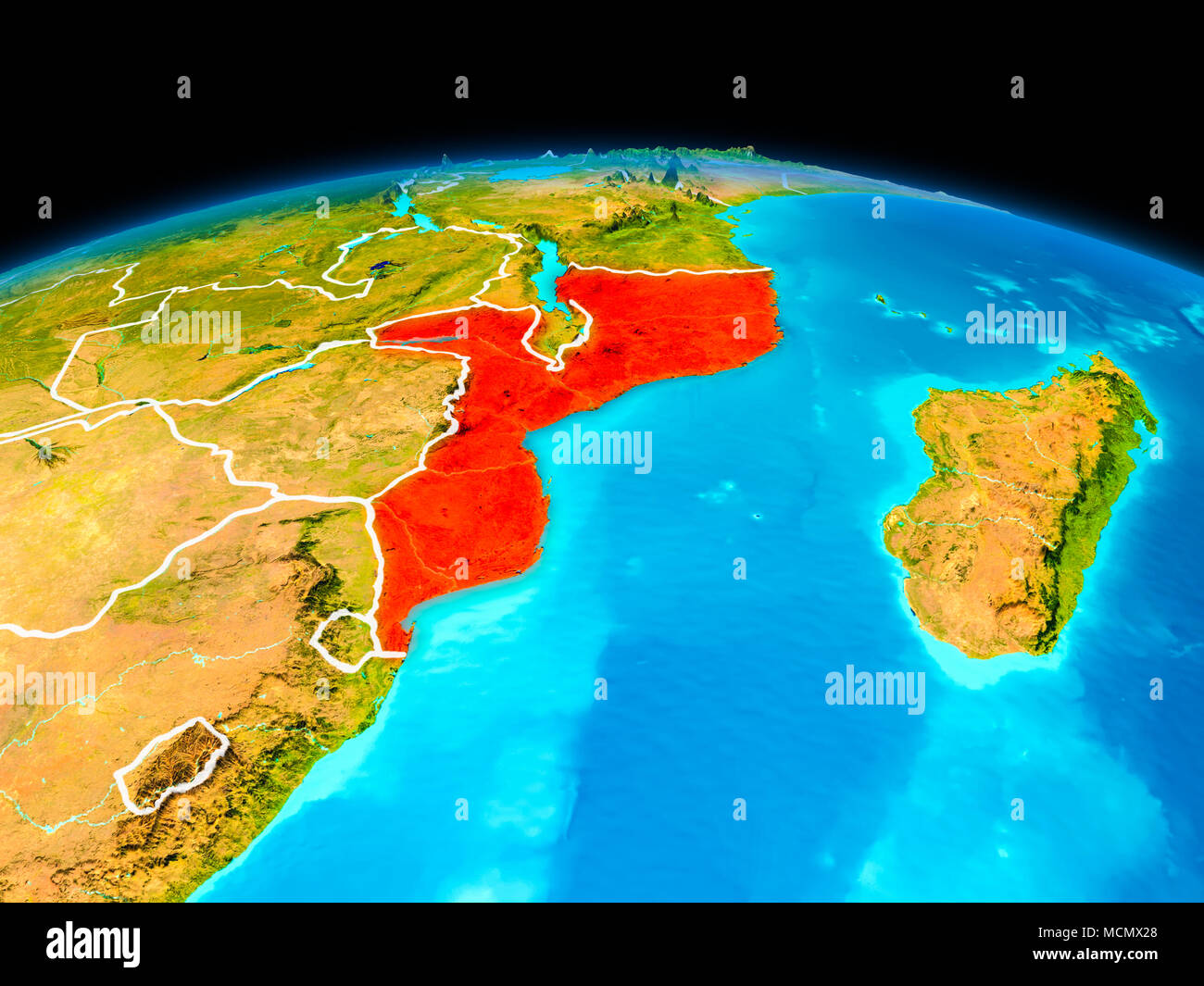 Satellite view of Mozambique highlighted in red on planet Earth with borderlines. 3D ...