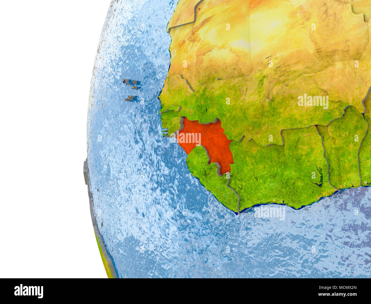 Guinea in red on globe with real land surface, visible country borders ...