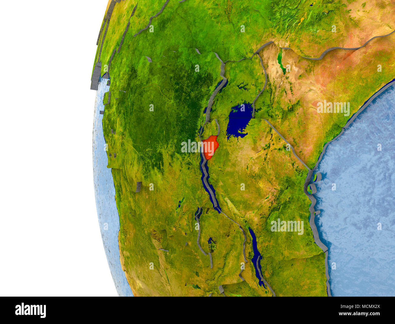 Burundi in red on globe with real land surface, visible country borders ...