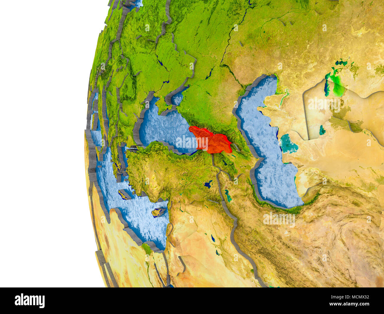 Georgia in red on globe with real land surface, visible country borders ...