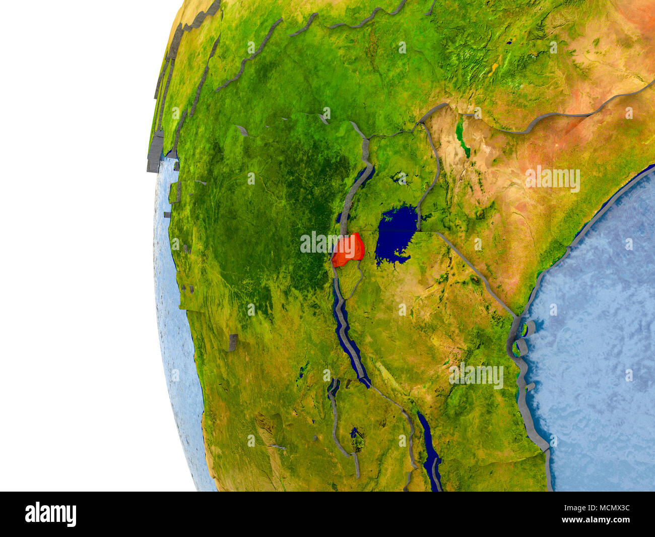 Rwanda in red on globe with real land surface, visible country borders ...