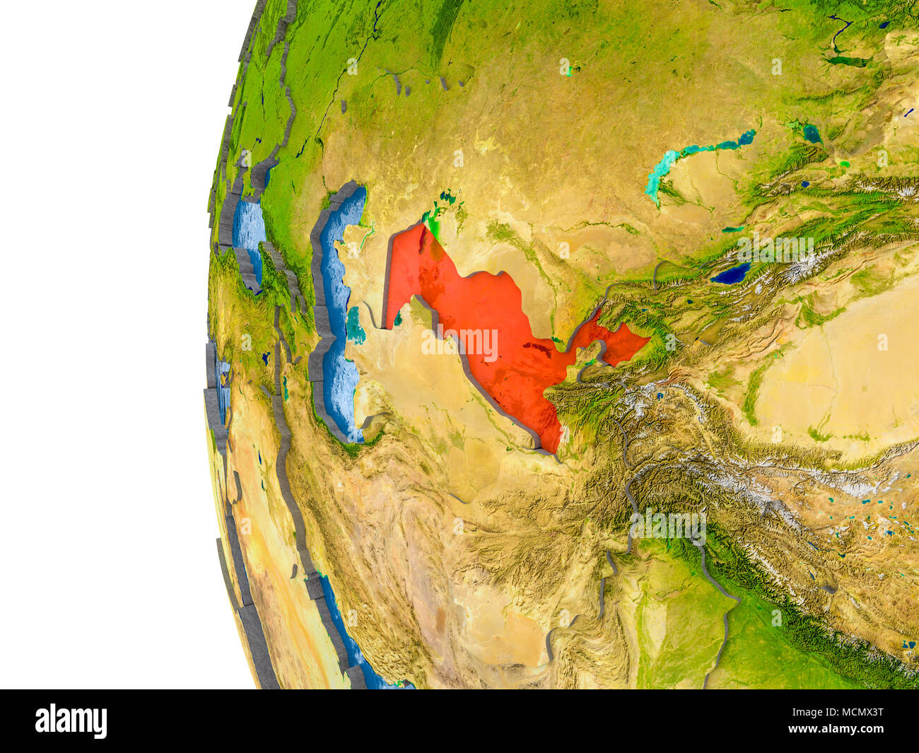 Uzbekistan in red on globe with real land surface, visible country ...