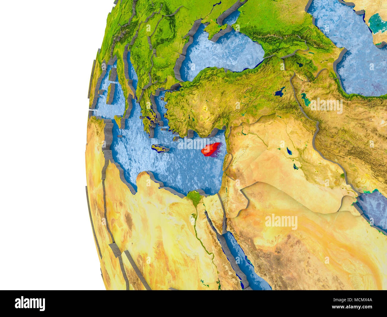 Cyprus in red on globe with real land surface, visible country borders ...
