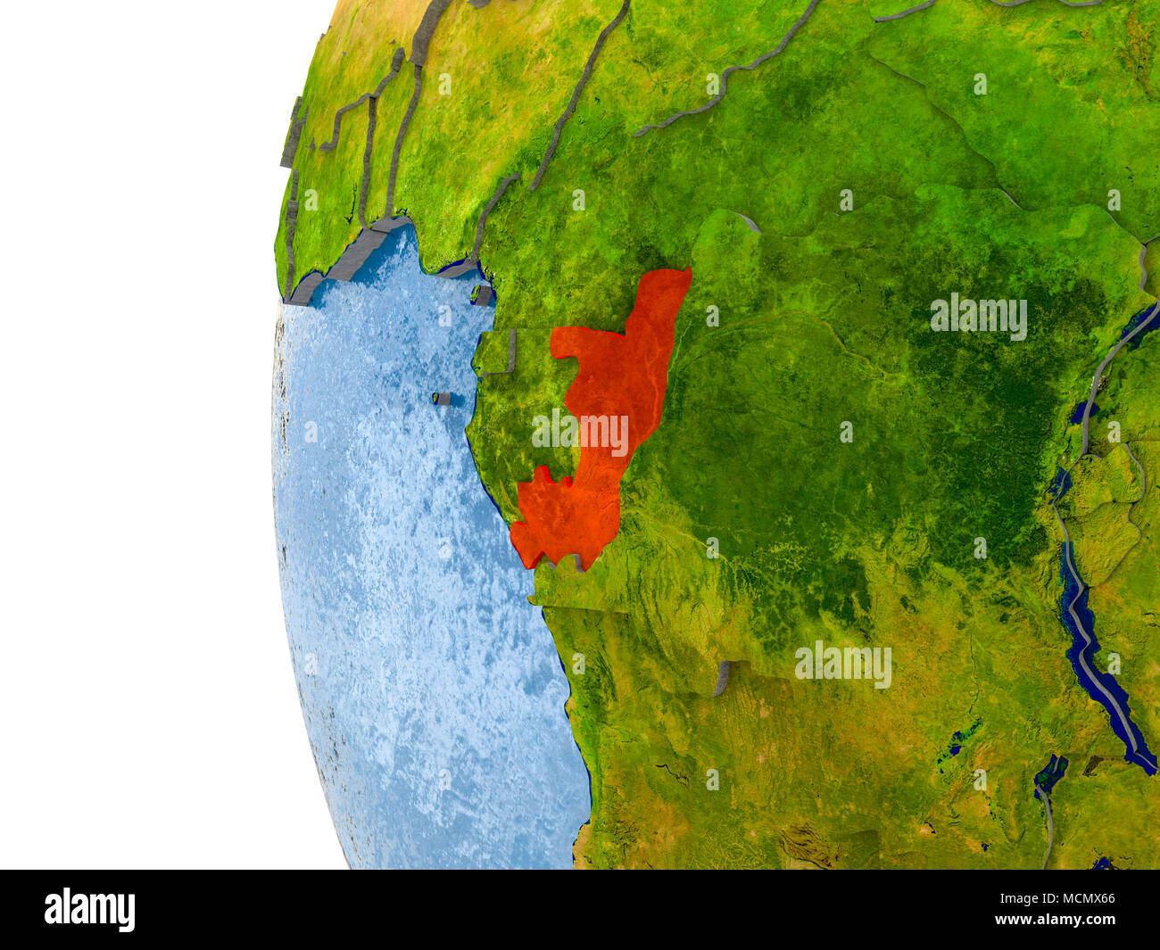 Congo in red on globe with real land surface, visible country borders ...