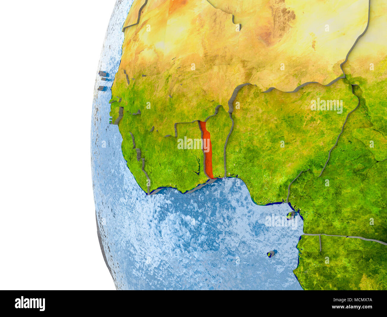 Togo in red on globe with real land surface, visible country borders ...