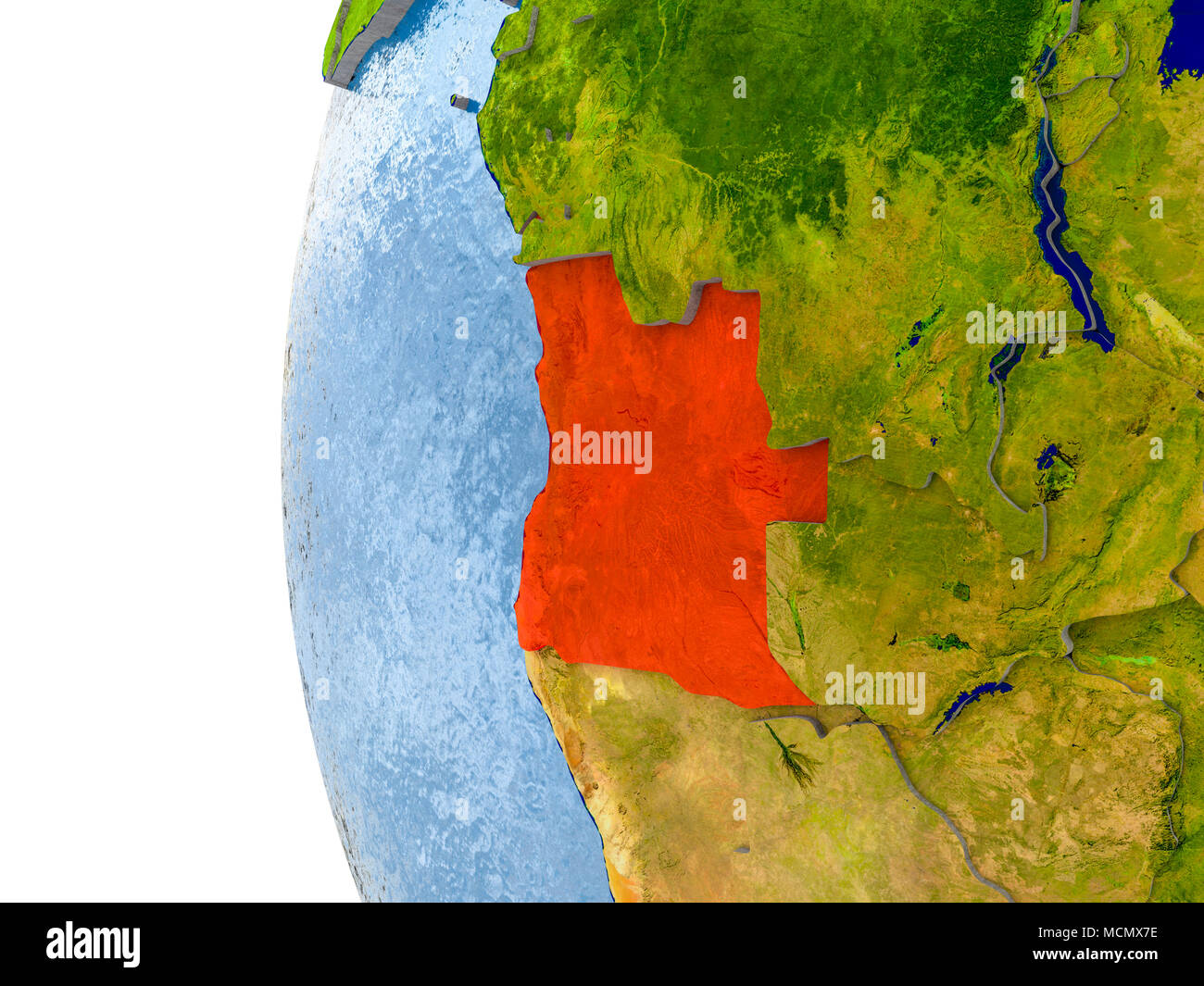 Angola in red on globe with real land surface, visible country borders ...