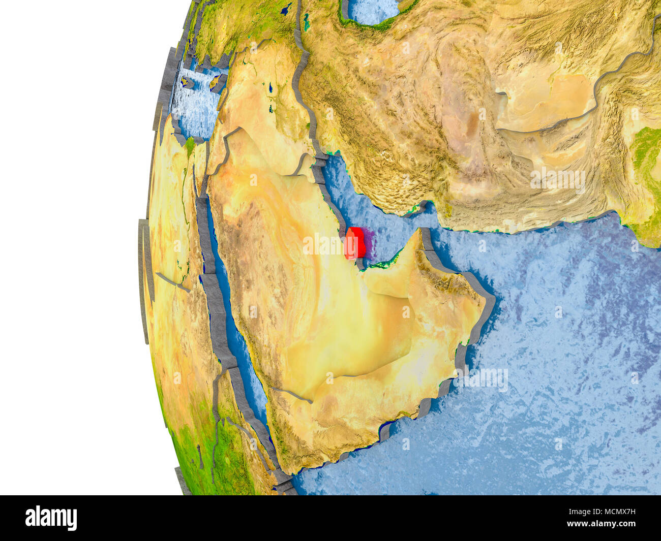 Qatar in red on globe with real land surface, visible country borders ...