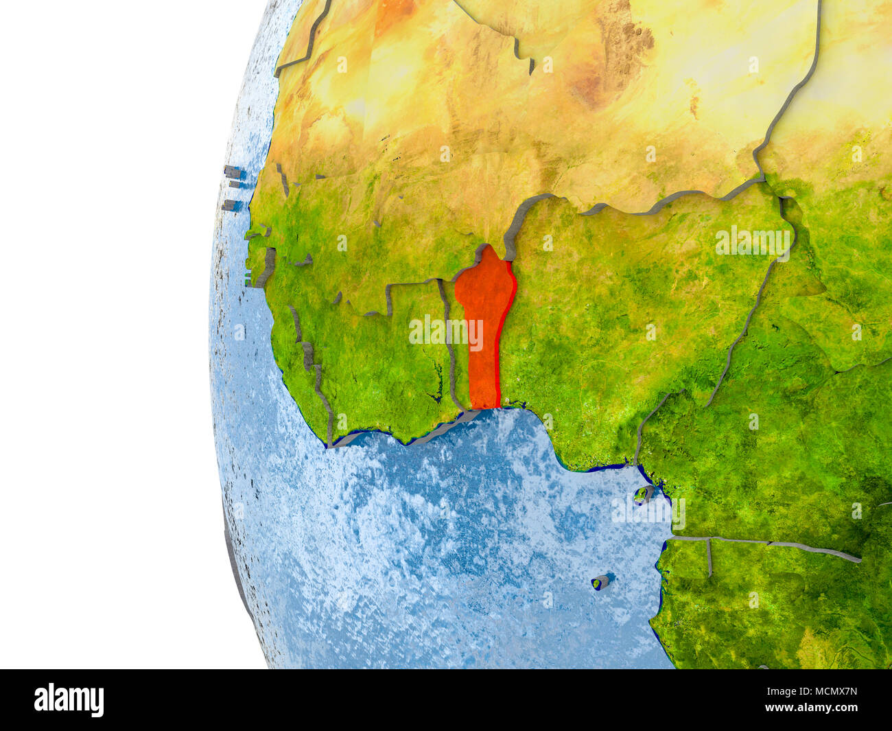 Benin in red on globe with real land surface, visible country borders ...