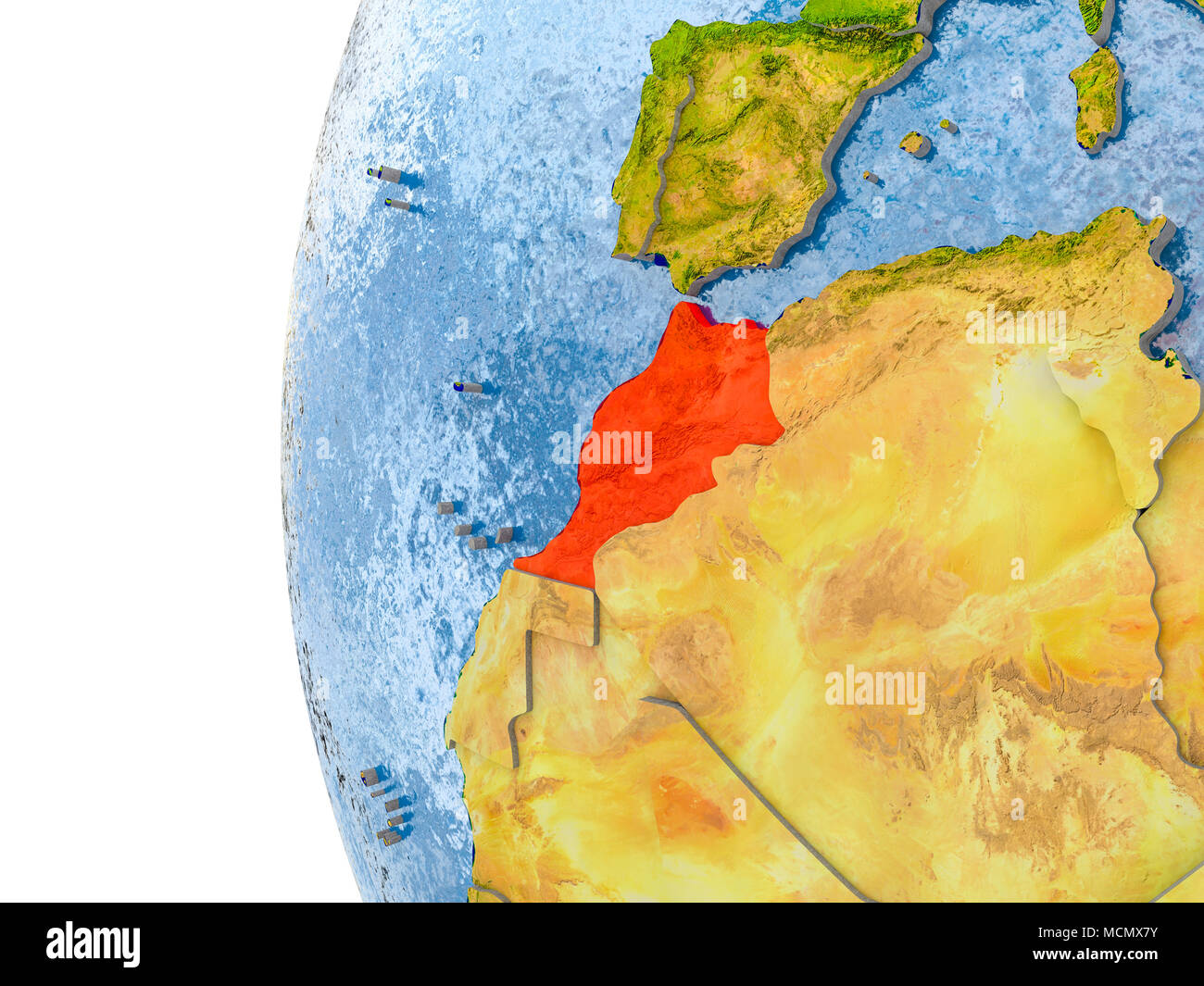 Morocco in red on globe with real land surface, visible country borders ...