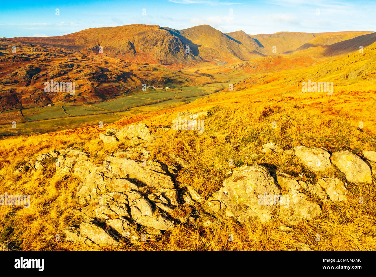 Upper reaches of Kentmere valley, Lake District, with the peaks of Yoke ...