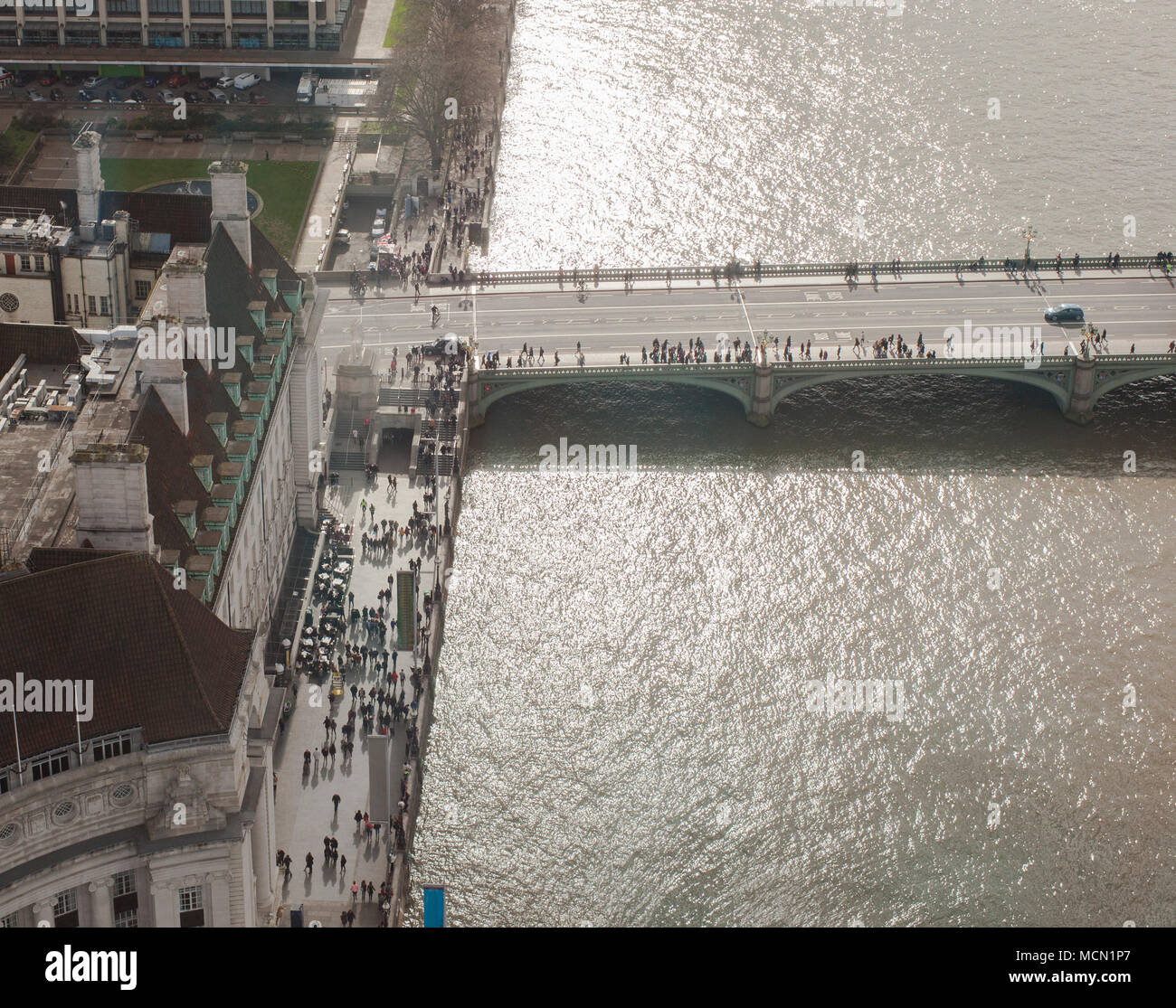 Thames river in London city with sun reflection in water. aerial view ...