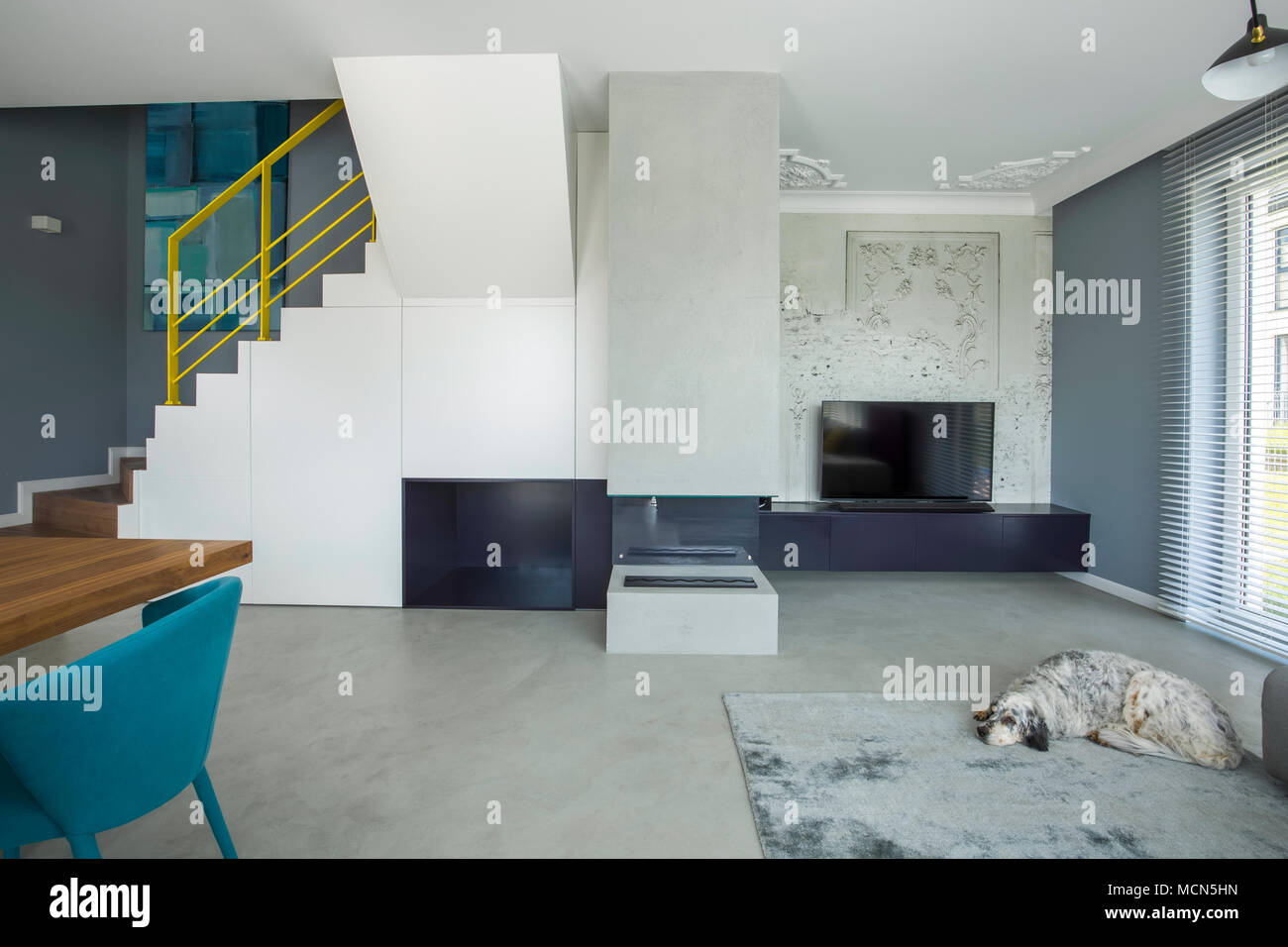 Elegant, creative, geometric open space interior design with colorful ...