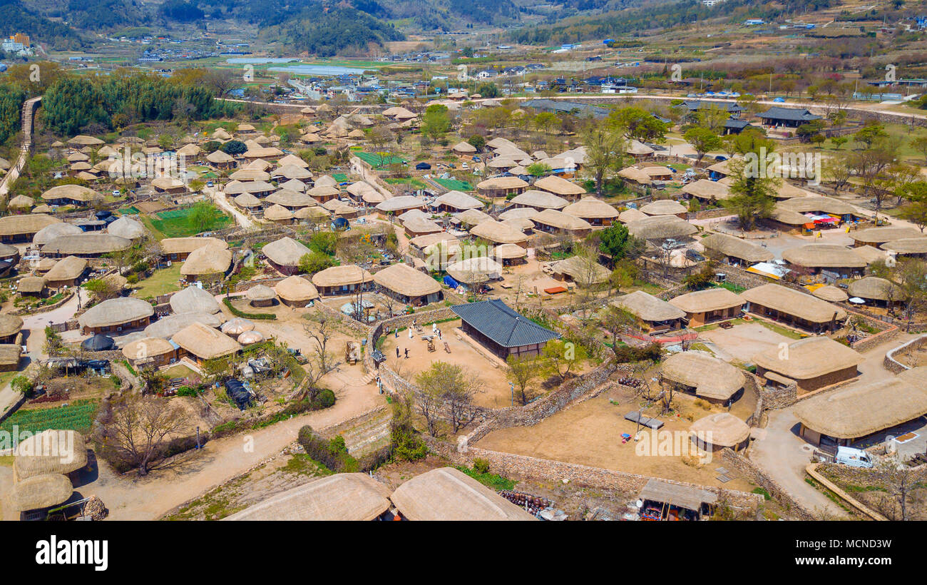 Aerial view of traditional folk village in Suncheon city of South Korea ...