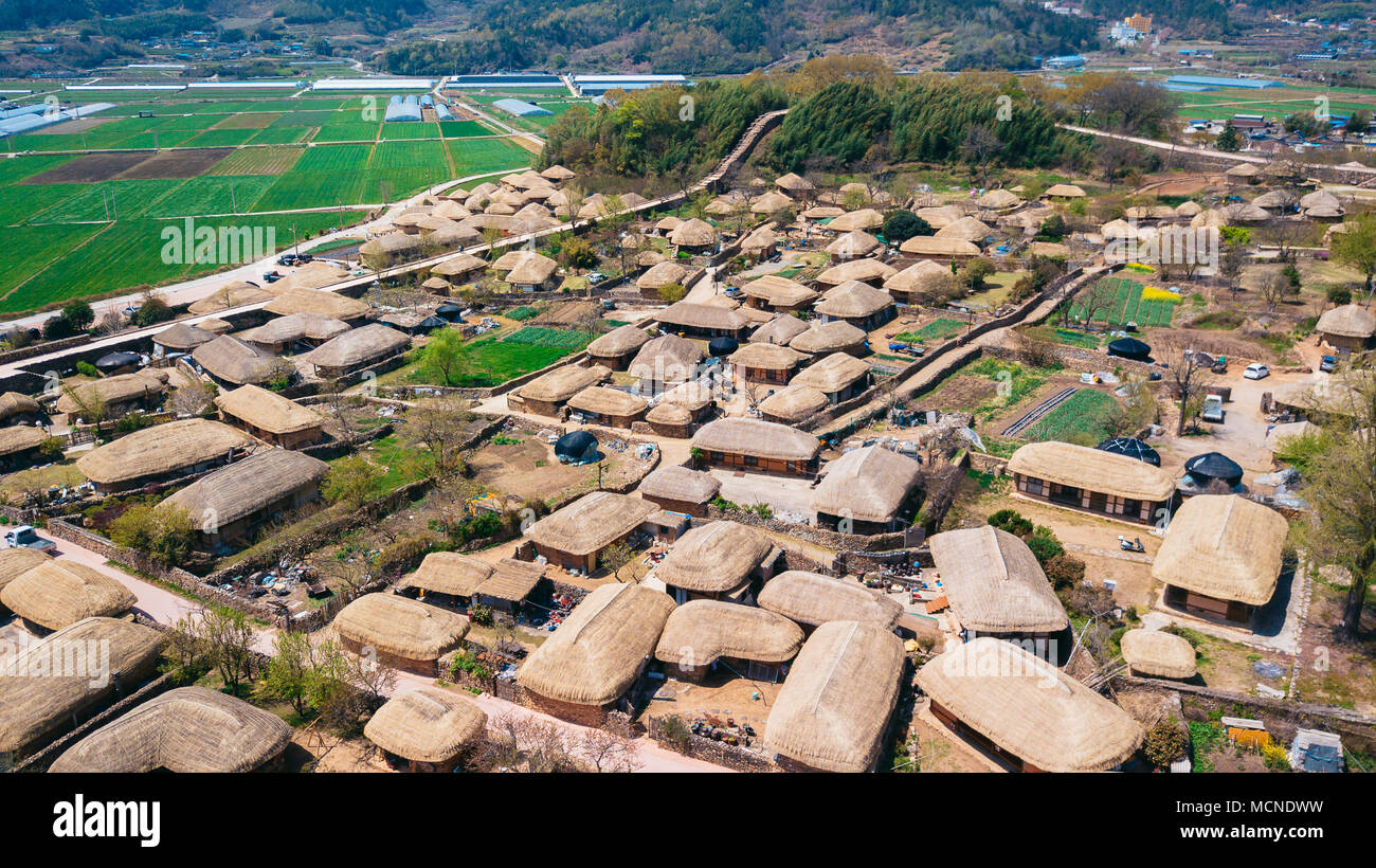 Aerial view of traditional folk village in Suncheon city of South Korea ...