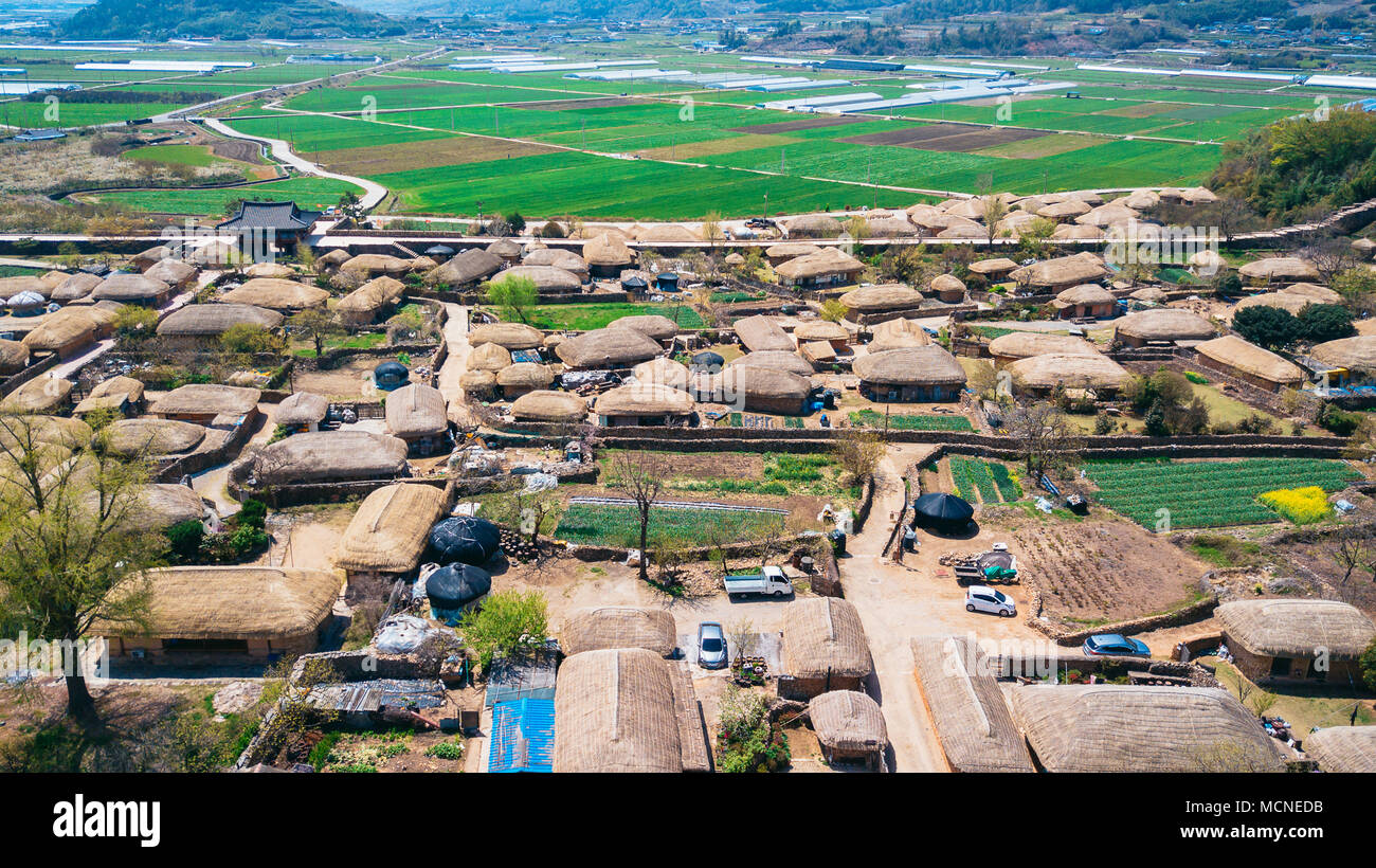Aerial view of traditional folk village in Suncheon city of South Korea ...