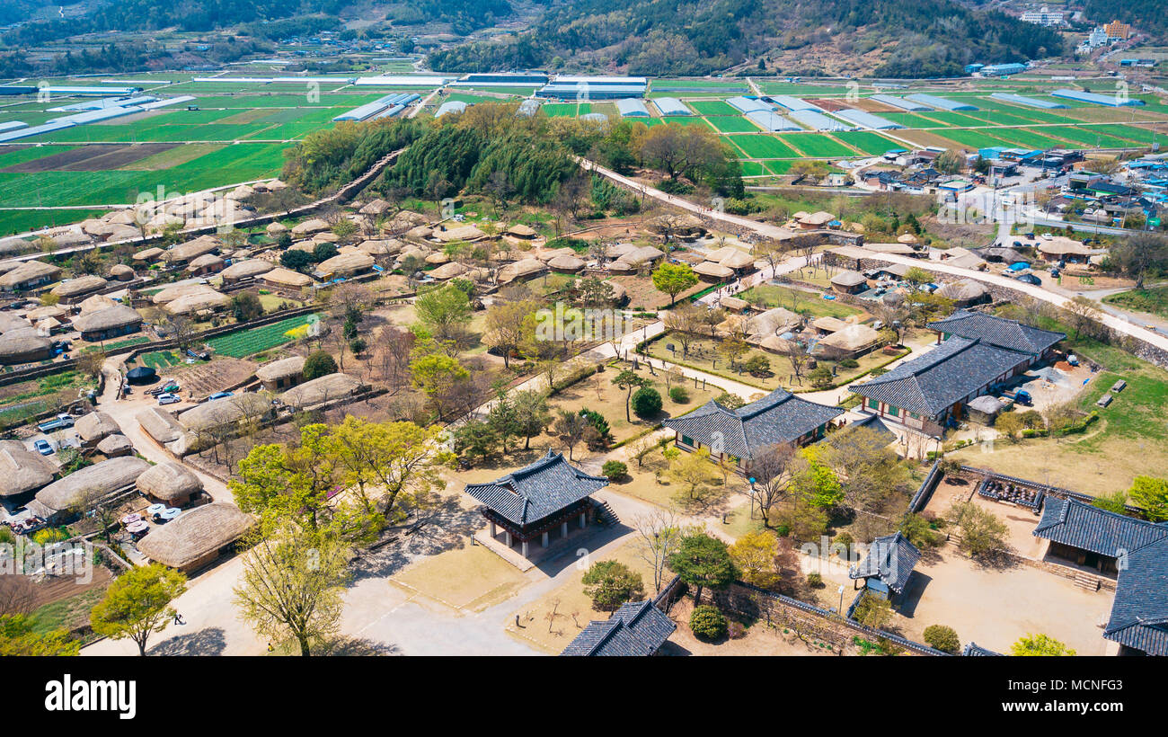 Aerial view of traditional folk village in Suncheon city of South Korea ...