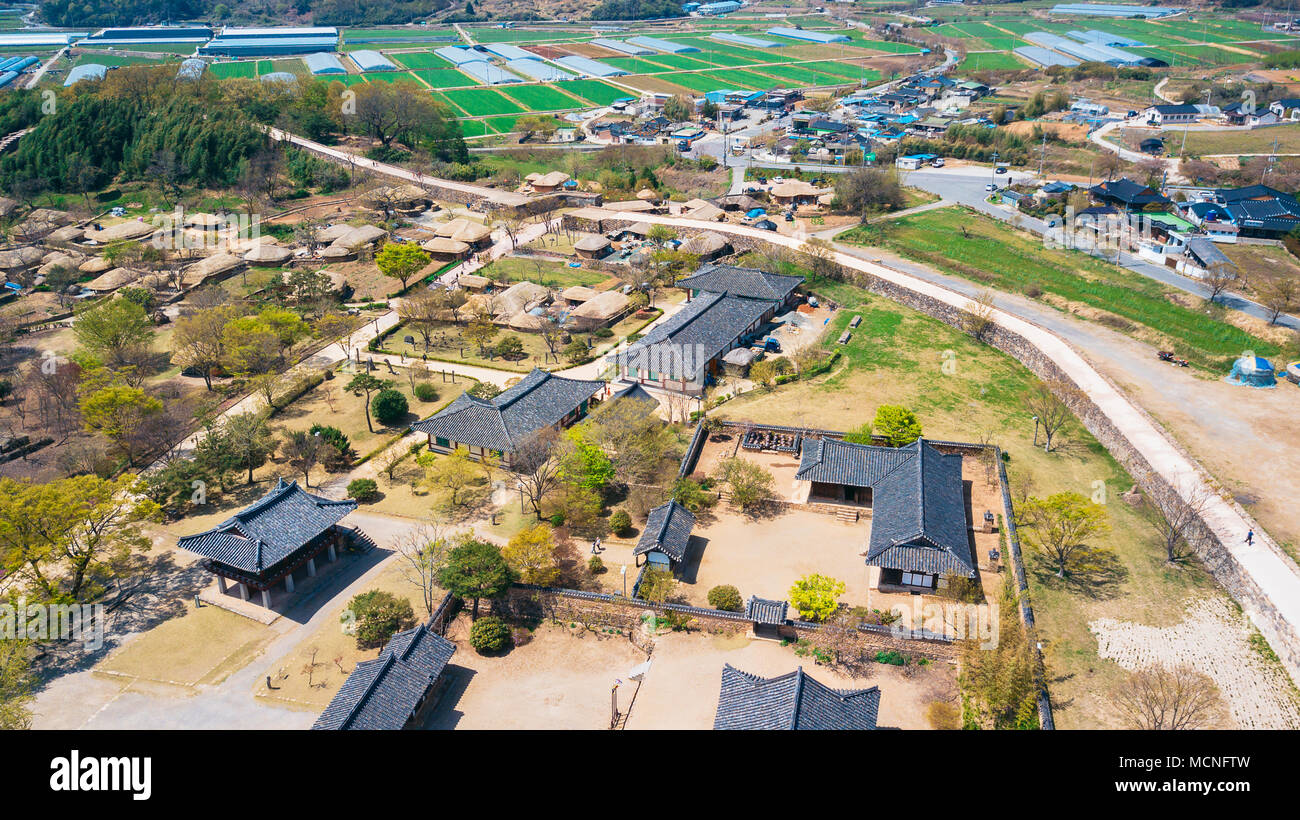 Aerial view of traditional folk village in Suncheon city of South Korea ...
