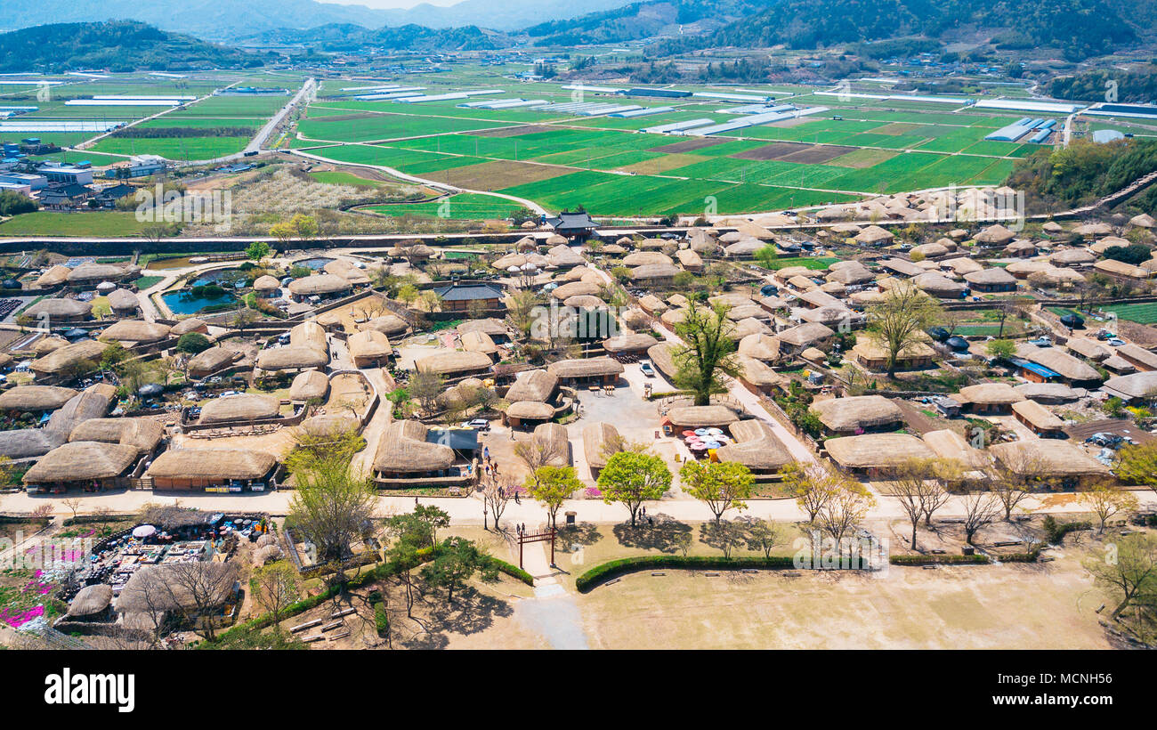 Aerial view of traditional folk village in Suncheon city of South Korea ...