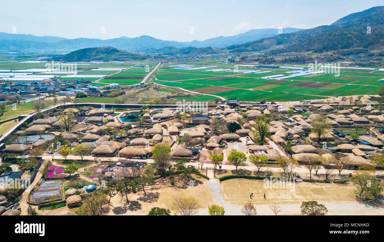 Aerial view of traditional folk village in Suncheon city of South Korea ...