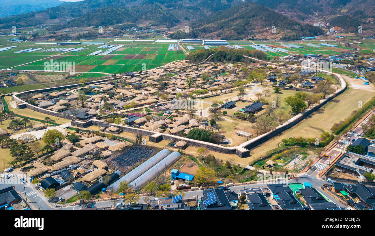 Aerial view of traditional folk village in Suncheon city of South Korea ...