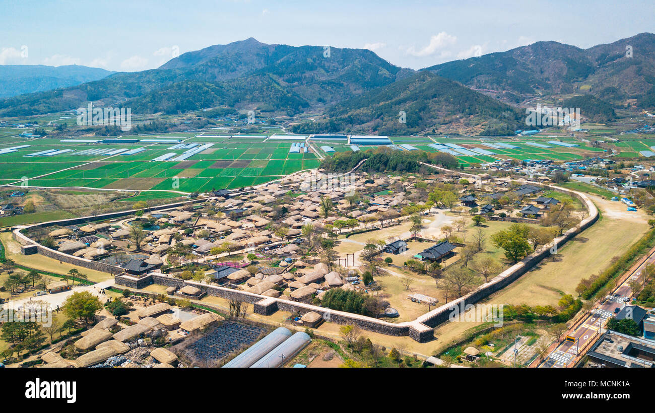 Aerial view of traditional folk village in Suncheon city of South Korea ...