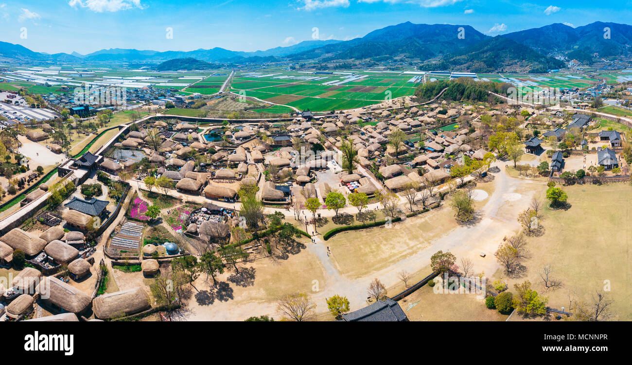 Aerial view of traditional folk village in Suncheon city of South Korea ...
