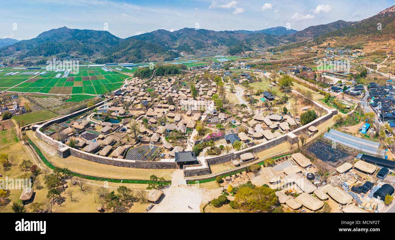 Aerial view of traditional folk village in Suncheon city of South Korea ...
