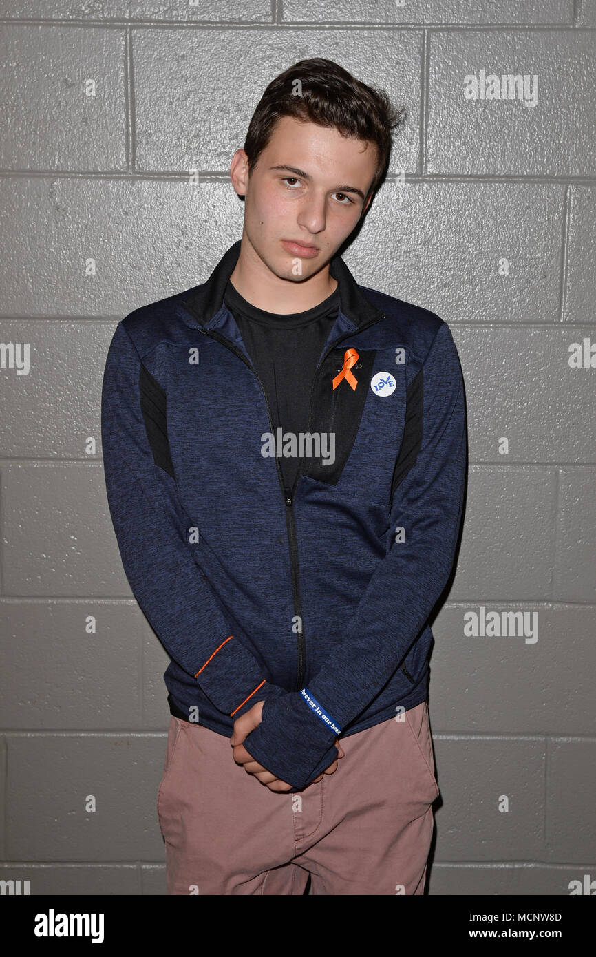 Sunrise FL, USA. 16th Apr, 2018. Cameron Kasky poses backstage during ...