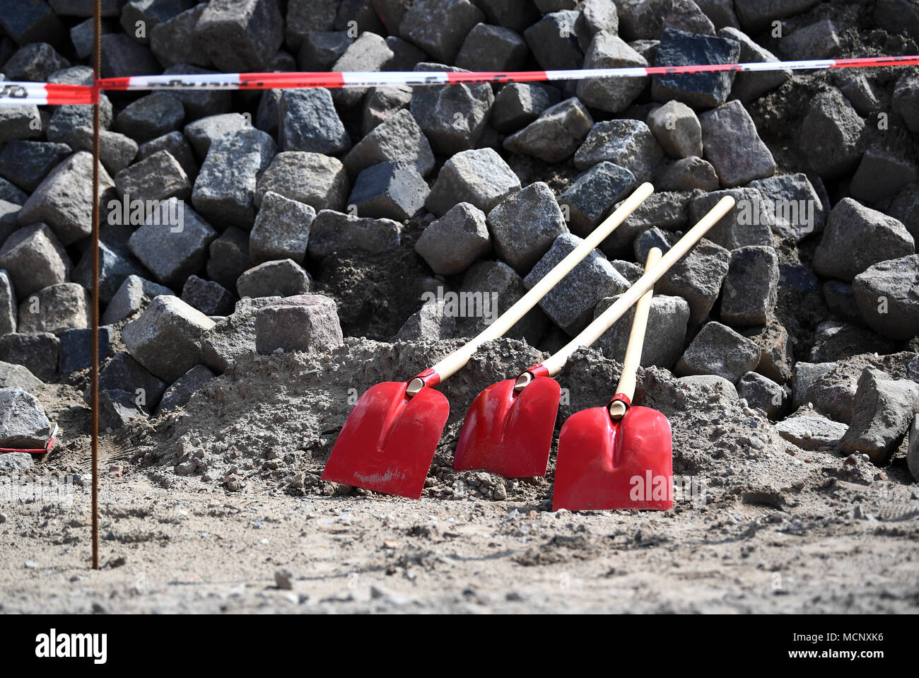 17 April 2018, Berlin, Germany: Spades for the groundbreaking ceremony ...