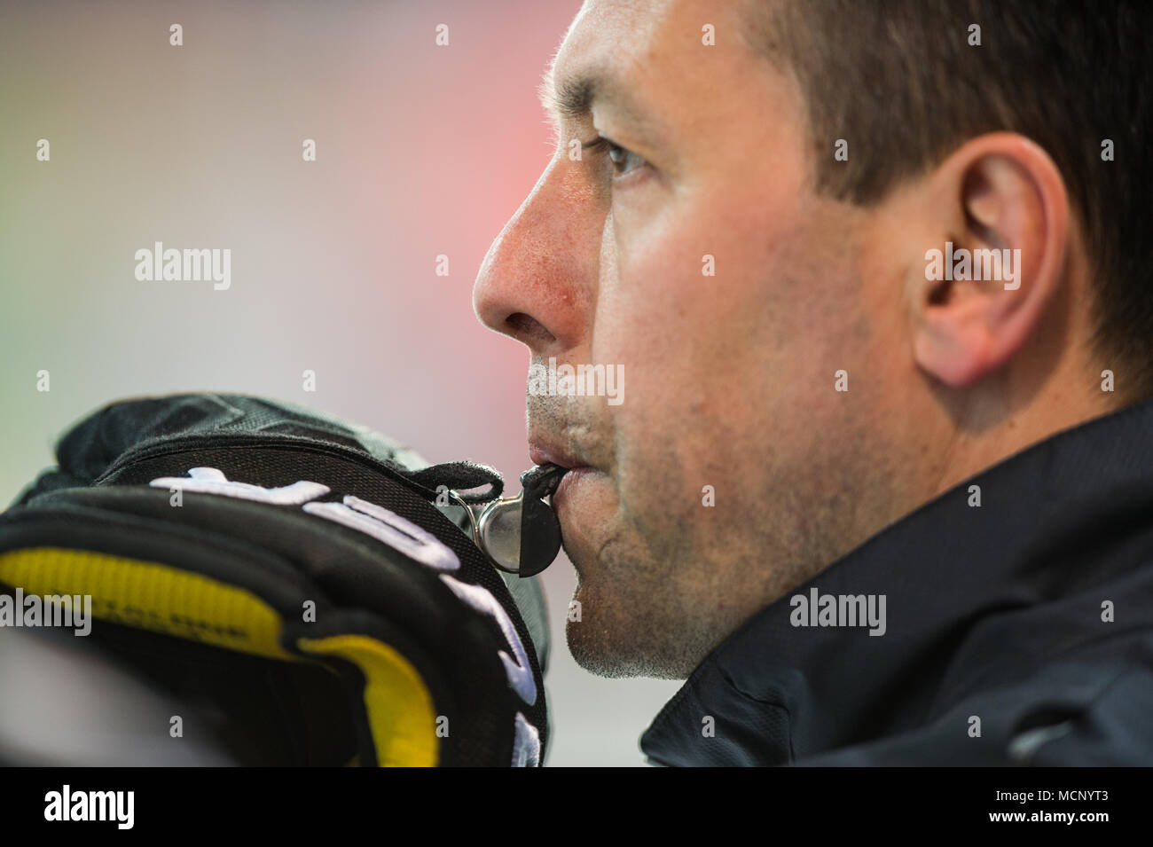 17 April 2018, Germany, Berlin: The Germany ice hockey team training ...