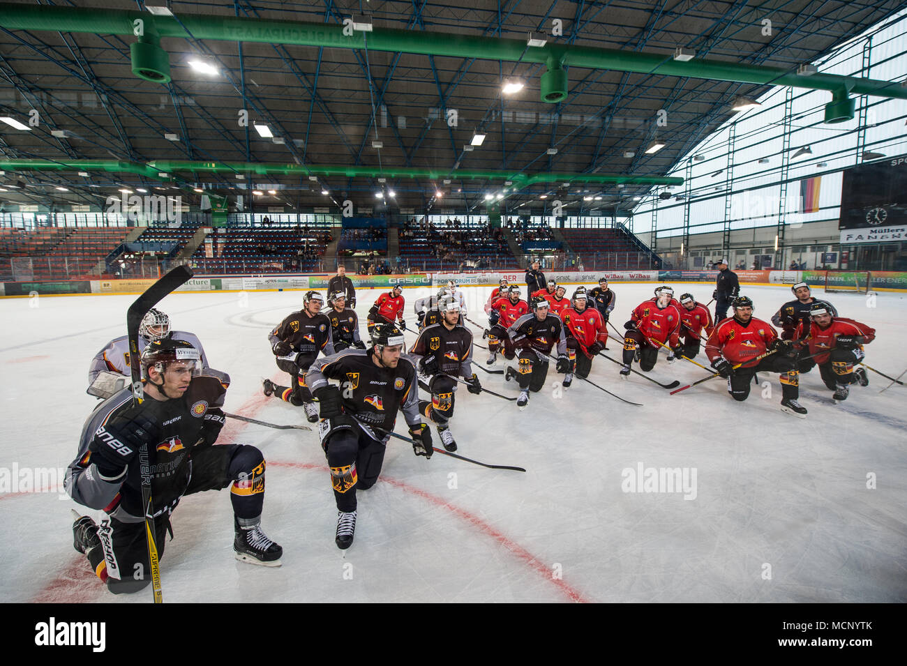 17 April 2018, Germany, Berlin: The Germany ice hockey team training at ...