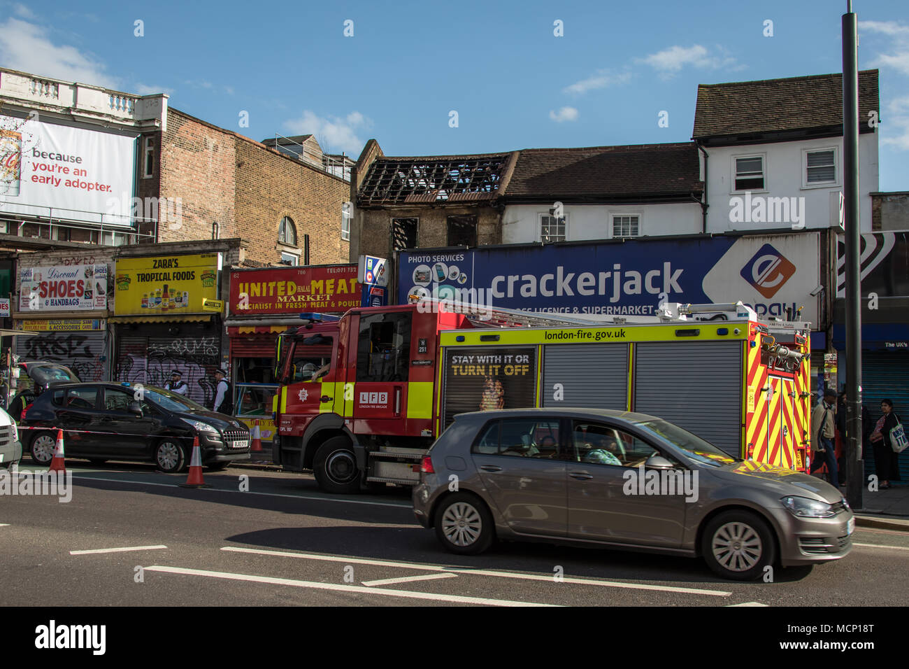 London,UK. 17 April 2018. Police and London Fire Brigade on the scene ...