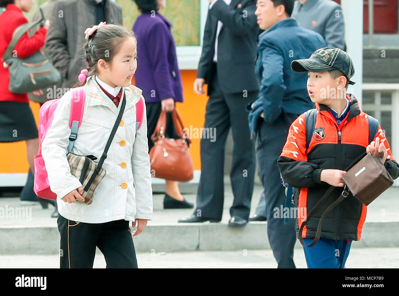 Pyongyang. 2nd Apr, 2018. Changjeon Street in Pyongyang, Apr 2, 2018 ...