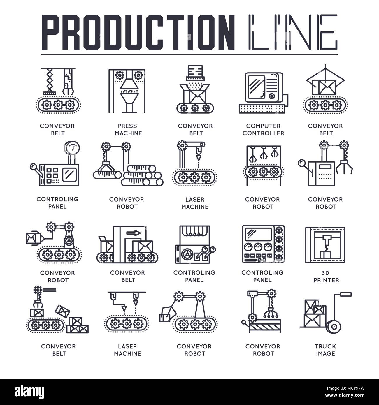 Production outline icons collection set. Industry linear symbol pack ...
