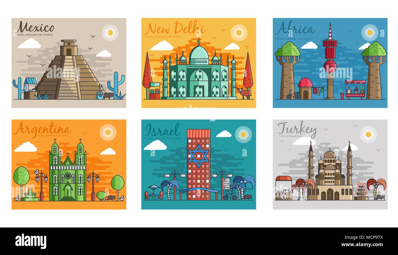 Set of different cities for travel destinations. landmarks banner ...