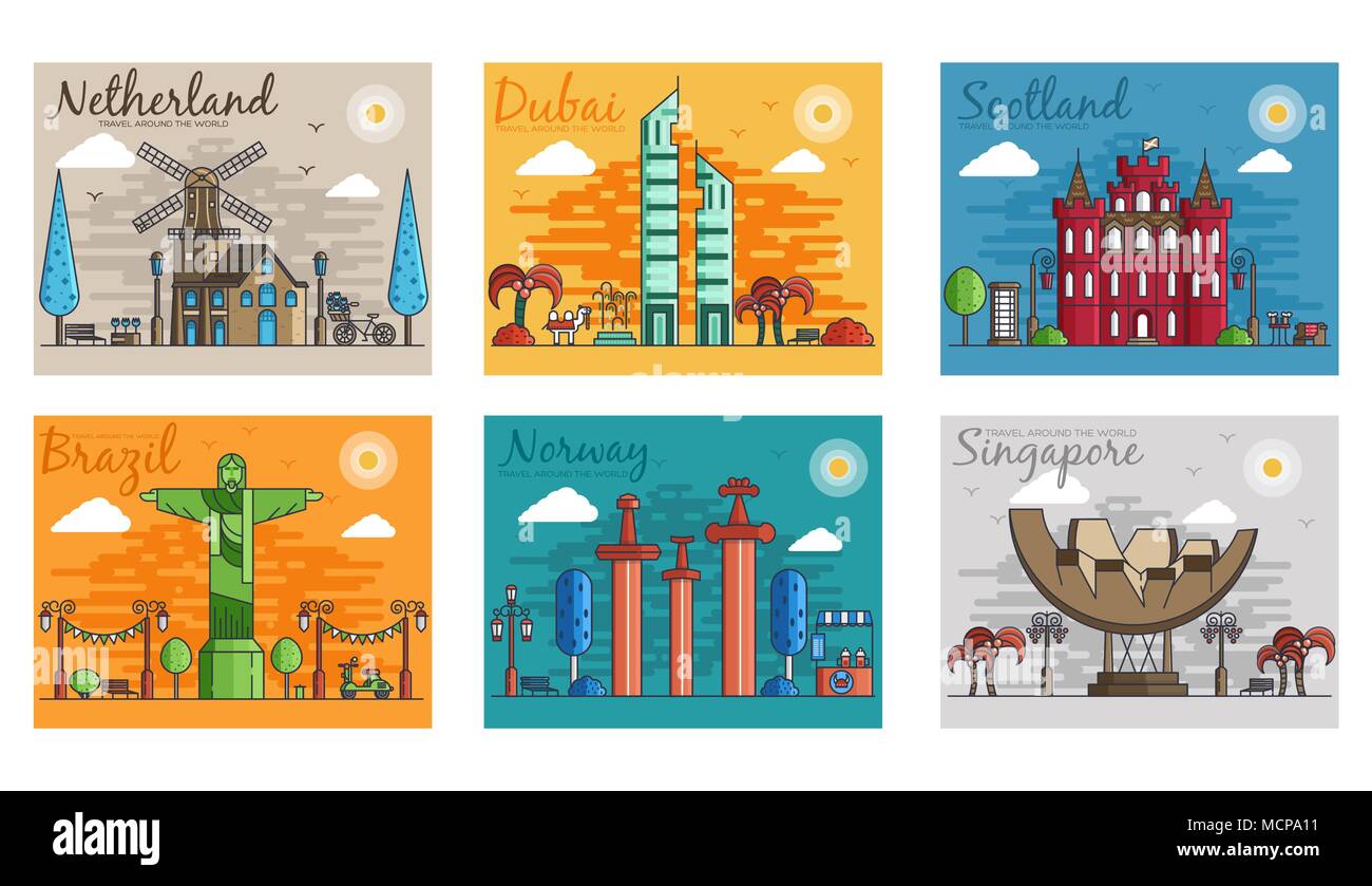 Set of different cities for travel destinations. landmarks banner ...