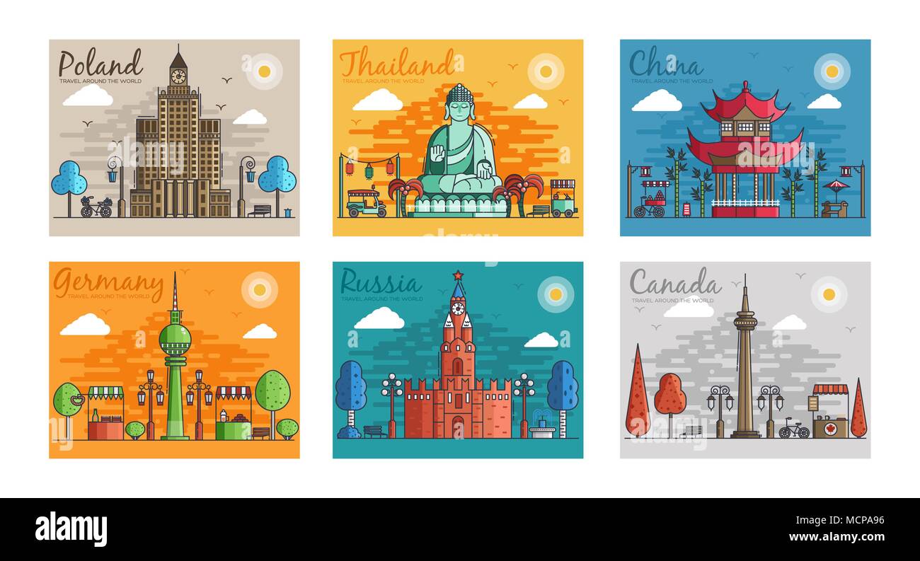 Set of different cities for travel destinations. landmarks banner ...