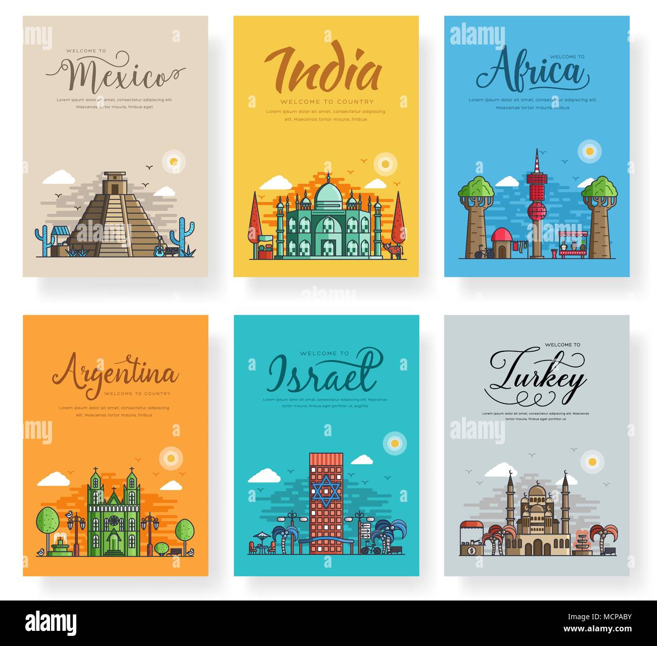 Set of outline different cities for travel destinations. Landmarks ...