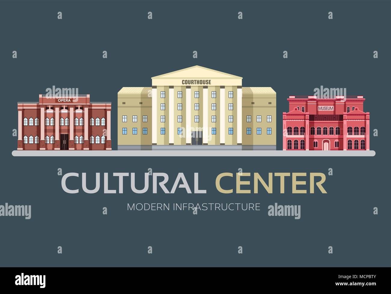 Flat colorful vector city cultural center buildings street. Icon ...