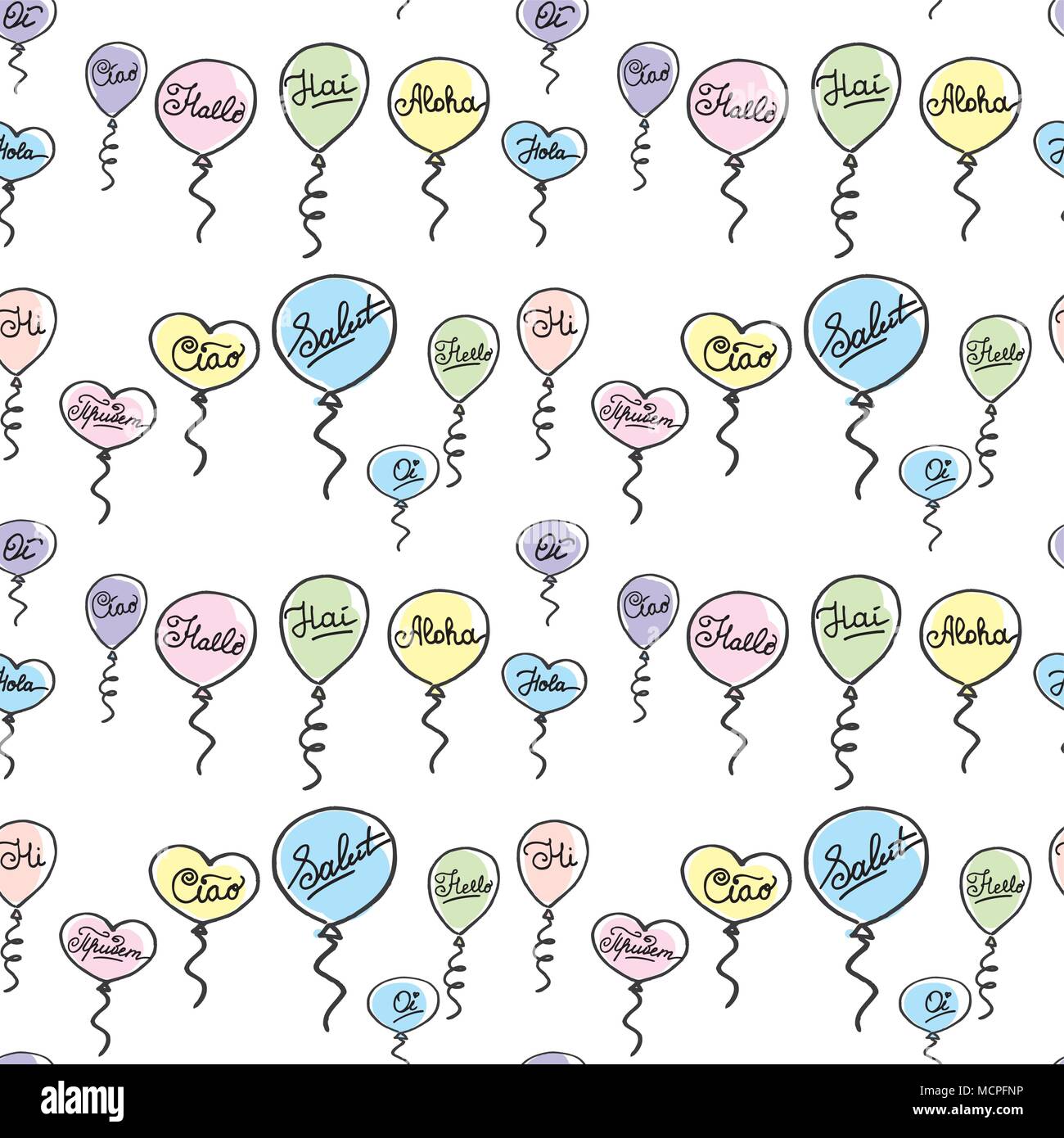 Seamless pattern hello in different languages, doodle balloons, stock ...