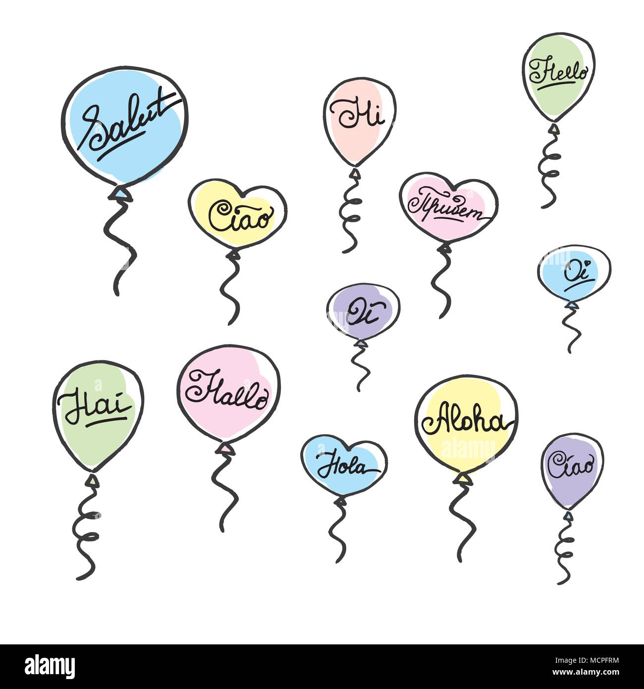 hello in different languages, doodle balloons, stock vector ...