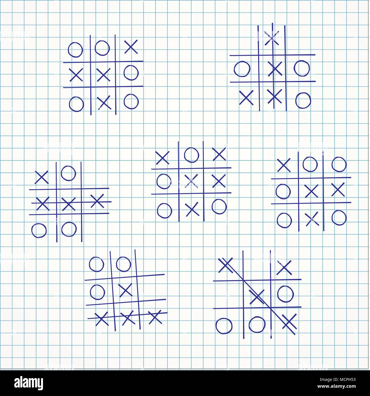 Set child's game tic-tac-toe on a sheet of paper, doodle hand drawn ...