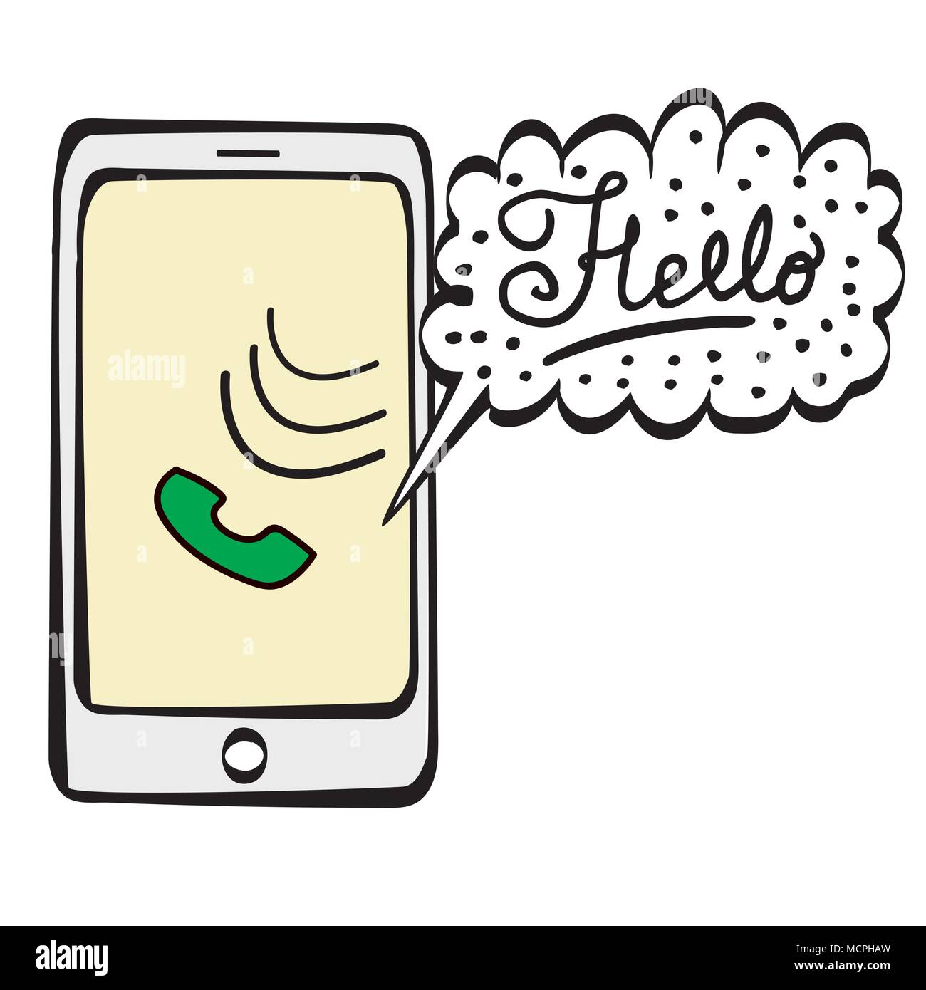 Smart phone sketch with caption saying "Hello" , hand drawn doodle ...