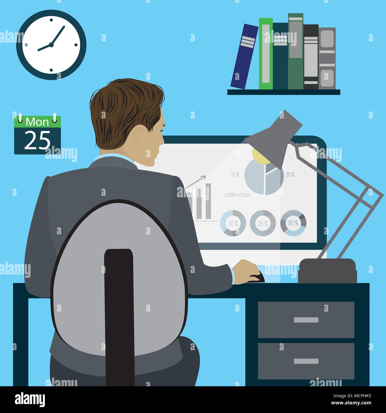 Business man or office worker sitting on a chair at the desk in the ...