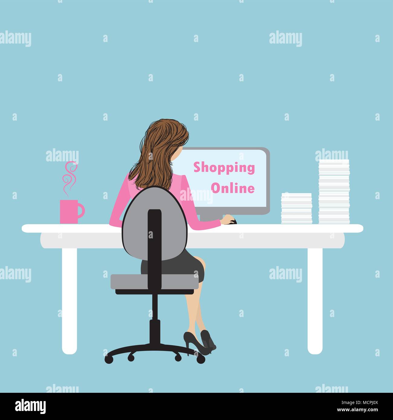 Business Woman or office worker working on computer , Back Rear View ...