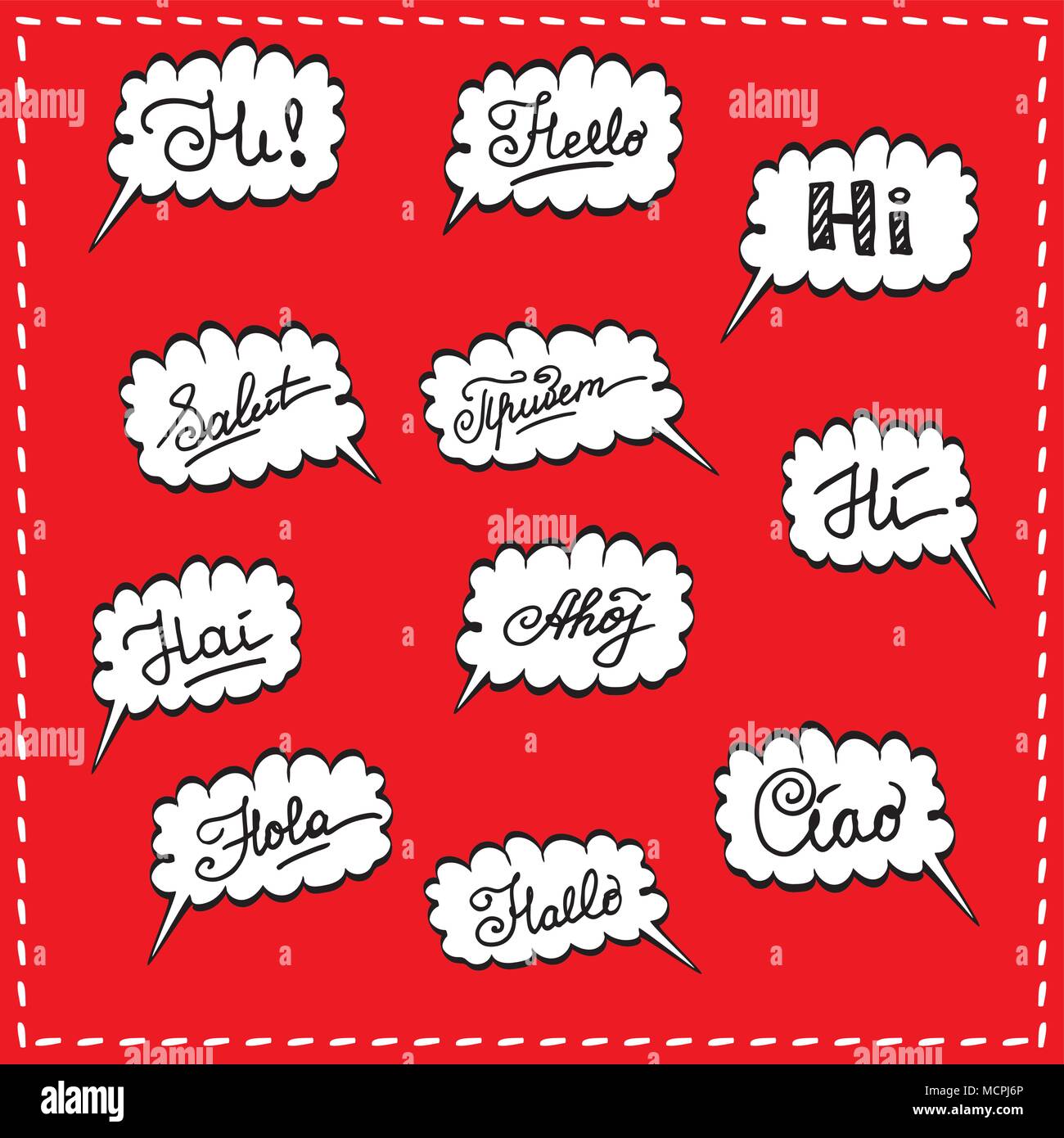 hello in different languages, doodle clouds on red background, stock ...